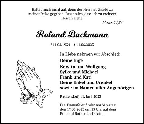 Traueranzeigen Von Roland Backmann Trauer Anzeigen De