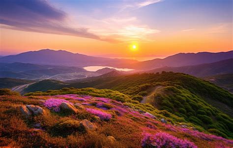 The Sun Is Setting On A Hill With Flowers In The Morning Background