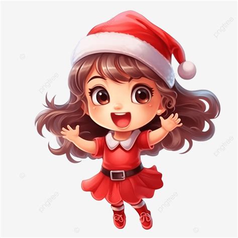 Excited Christmas Girl In Red Dress And Christmas Santa Hat Cartoon