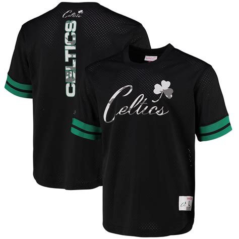 Boston Celtics Black Mesh Crew Neck T Shirt By Mitchell And Ness Mens