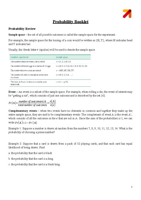Probability Booklet Quick Review And Practice Questions On Probabilities