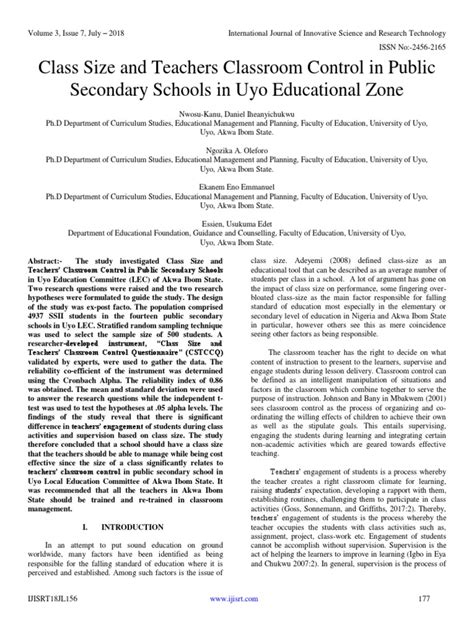 Class Size And Teachers Classroom Control In Public Secondary Schools In Uyo Educational Zone
