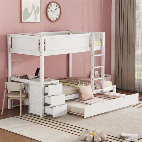 Churanty Twin Over Twin Bunk Bed With Trundle And Desk Solid Wood Bunk
