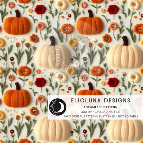 Fall Pumpkins Seamless Pattern 3d Faux Embroidery Pumpkins Digital