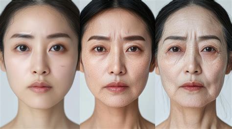 Commercialstyle Triptych Image Showing The Aging Process Of An Asian Womans Face From Smooth