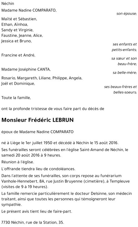 Avis De Décès De Frédéric Lebrun Décédé Le 15082016 à Néchin Annonce Condoléances Fleurs