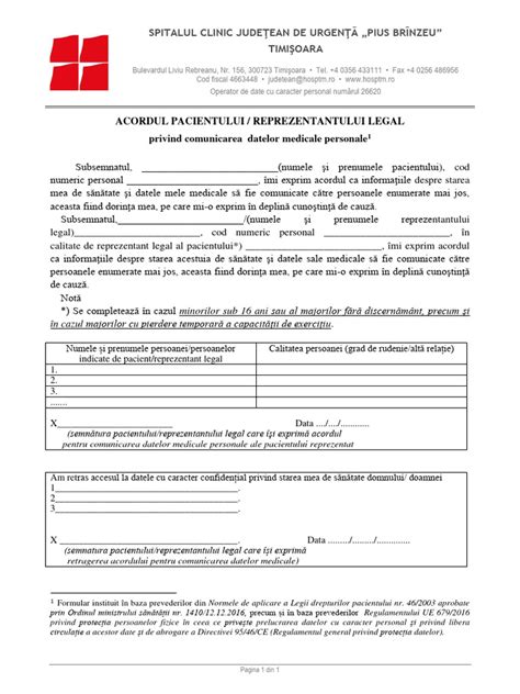 Formular Acord Pacient Privind Comunicarea Datelor Medicale Personale Pdf