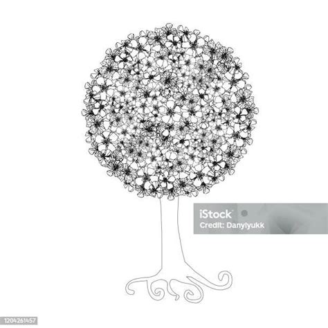 Pohon Sakura Bunga Monokrom Batang Di Atas Putih Elemen Desain Seni Digambar Dengan Tangan