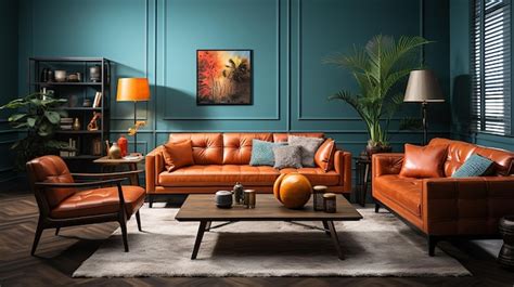Premium Ai Image Orangeandtealinteriordesignlivingrooomnatural