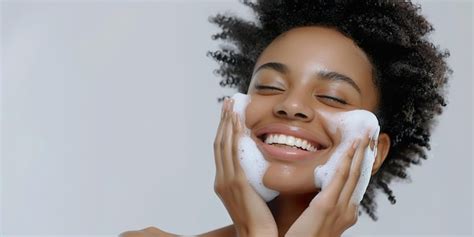 Young Woman With Bubbles Washing Her Face Skincare Routine Concept