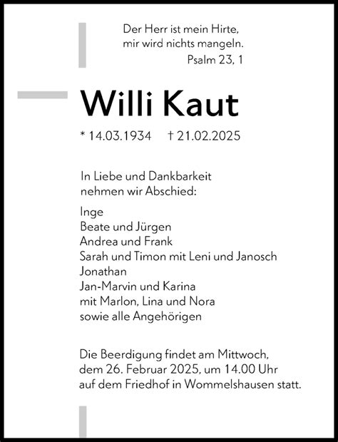 Traueranzeigen Von Willi Kaut Vrm Trauer De