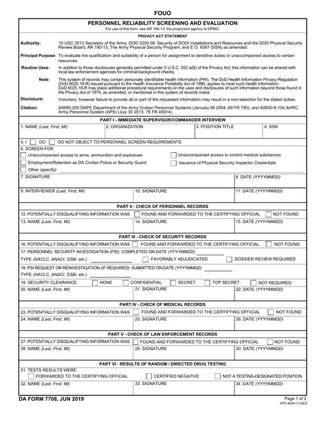 Da Form 7708 Personnel Reliability Screening And Evaluation Document