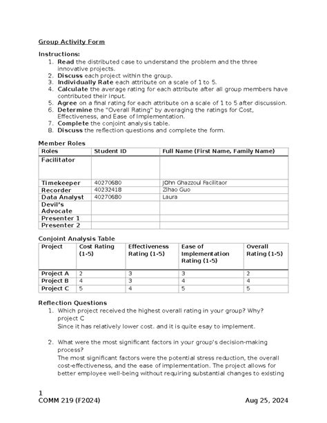 Class 3 Conjoint Analysis Form Group Activity Form Instructions 1
