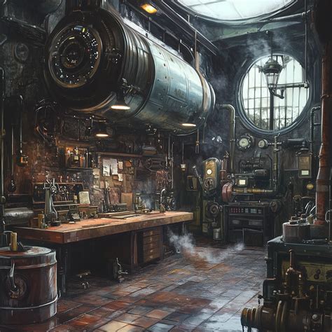Industrial Steampunk Workshop With Giant Overhead Engine Free Ai