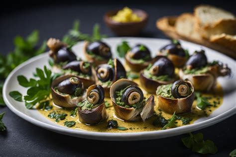 Culinary Photography Of A Plate Escargot Prepared From Helix Pomatia