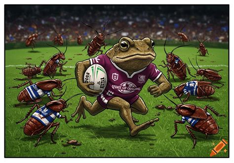 A Cartoon Cane Toad In A Queensland Rugby Jersey Runs With A Ball On A