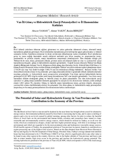 Pdf Van İli Güneş Ve Hidroelektrik Enerjilerinin Potansiyeli Ve İlin Ekonomisine Katkıları