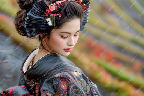 Premium Photo Traditional Japanese Woman In Kimono Dress With Elegant