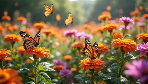 Vibrant Butterfly Garden With Colorful Flowers Orange Monarch