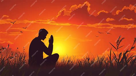Vector Silhouette Of A Man Praying At Sunset Premium Ai Generated Image