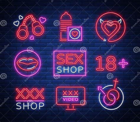 Sex Shop Set Of Logos Signs Symbols In Neon Style Collection Of