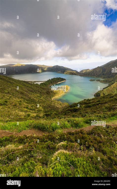 Lake Of Fire Lagoa Do Fogo In The Crater Of The Volcano Pico Do Fogo
