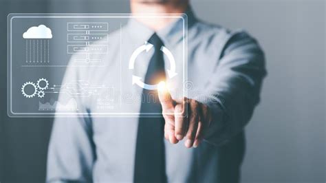 Man Pushing Software Update Button Technology Information Update And