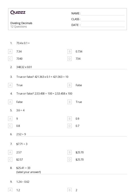 50 Dividing Decimals Worksheets For 5th Grade On Quizizz Free