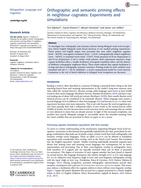 Pdf Orthographic And Semantic Priming Effects In Neighbour Cognates