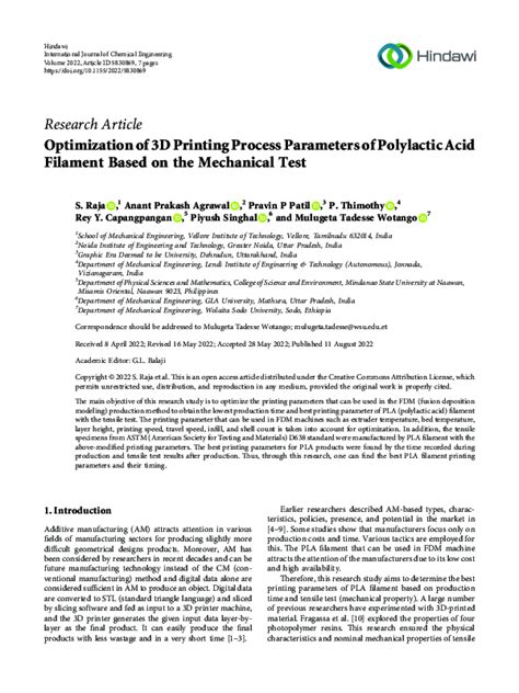 Pdf Optimization Of 3d Printing Process Parameters Of Polylactic Acid