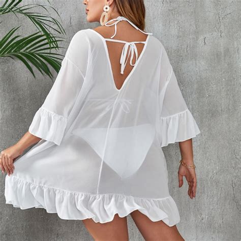 Plus Size See Through Sun Protection Bikini One Piece Beach Dress