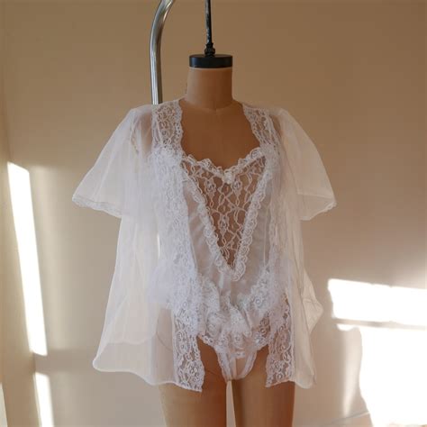 White Satin Lingerie Set Vintage Cami Undie And Robe 3 Piece Set Sm Etsy
