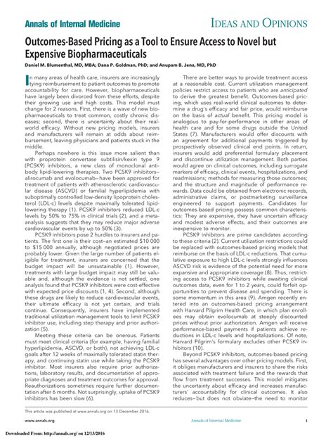 Pdf Outcomes Based Pricing As A Tool To Ensure Access To Novel But