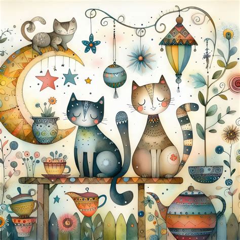 58 Images Whimsical Cat Images Digital Art Printable Instant Digital