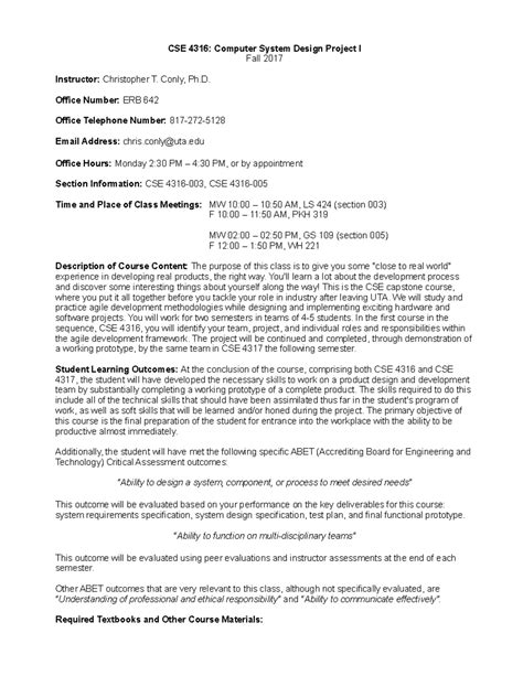 4316 Syllabus Cse 4316 Computer System Design Project I Fall 2017 Instructor Christopher T