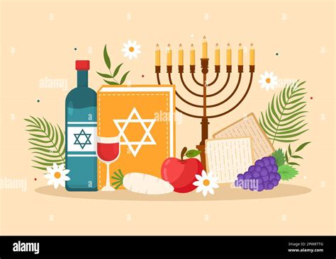 Happy Passover Illustration With Wine Matzah And Pesach Jewish Holiday