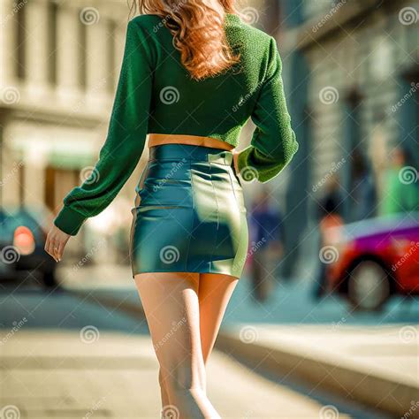 Young Girl Wearing A Tight Black Miniskirt In The Street On A Sunny