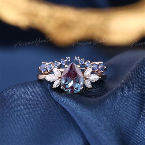 Unique Alexandrite Engagement Ring Set Women Rose Gold Pear Shaped
