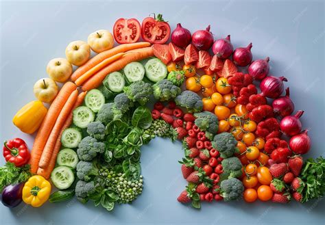 A Rainbow Of Vegetables And Fruits Are Arranged In A Rainbow Shape The