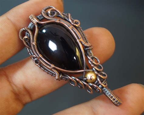 Black Onyx Copper Pendant Copper Wire Wrapped Pendant Necklace Onyx