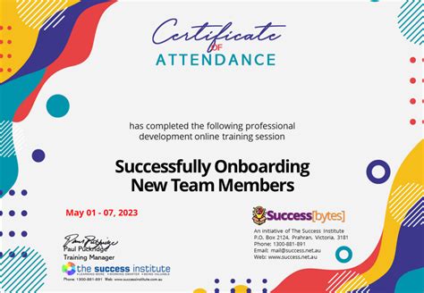 Successbytes Certificate Successfully Onboarding New Team Members The Success Institute