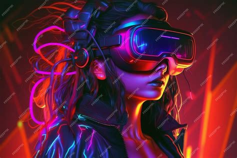 Premium Photo Neon Scifi Cyberpunk Hightech Futuristic Woman In Virtual Reality Glasses In