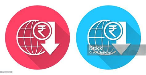 Indian Rupee Rate Decrease Round Icon With Long Shadow On Red Or Blue Background Stock