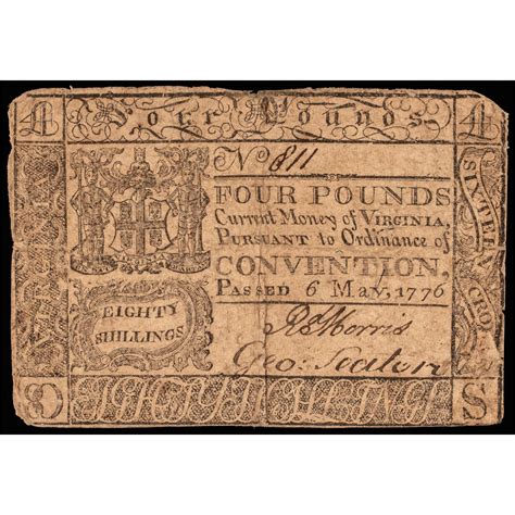 At Auction Colonial Currency Note Virginia May 6 1776 Four Pounds