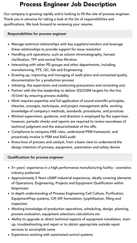 Process Engineer Job Description Manufacturing At Sofia Gellatly Blog