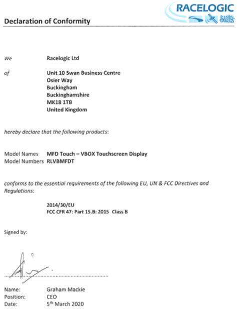 Mfd Touch Ec Declaration Of Conformity Racelogic Support Centre