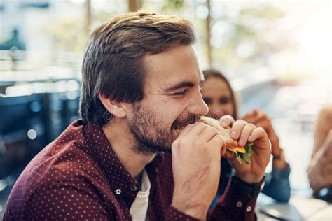 Profile Man And Smile With Sandwich As Restaurant With Friends For