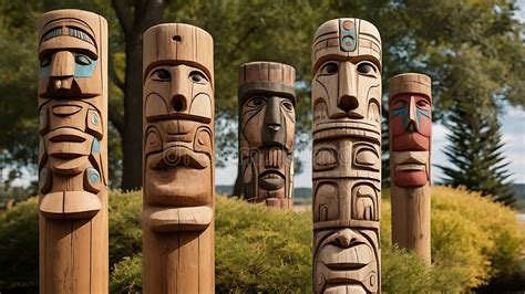 Majestic Native American Totem Poles The Surface Is Covered With