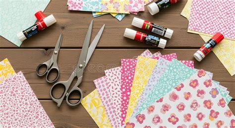 Craft Supplies Patterned Paper Scissors And Glue Sticks Arranged On