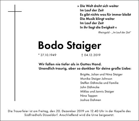 Alle Traueranzeigen Für Bodo Staiger Trauer Rp Online De